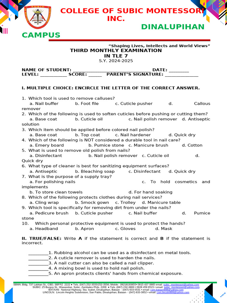 Third Monthly Exam in Tle 7 | PDF | Nail (Anatomy) | Foot