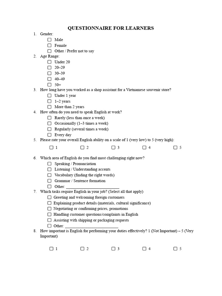 English Proficiency Questionnaire for Shop Assistants | PDF | English ...
