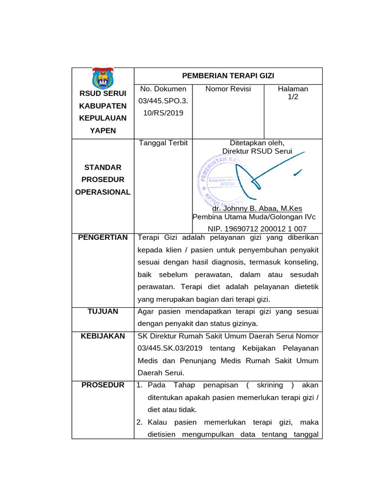Prosedur Terapi Gizi RSUD Serui | PDF