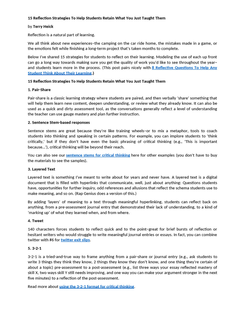 15 Reflective Strategies To Implement Students Reflection | PDF | Learning | Project Based Learning