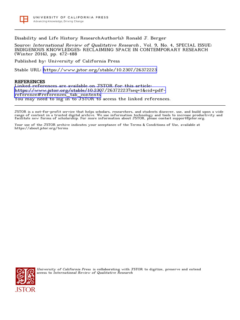 Disability and Life History ResearcH Berger | PDF | Disability | Narrative