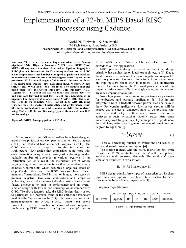 Implementation of A 32-Bit MIPS Based RISC Processor Using Cadence | PDF | Central Processing ...