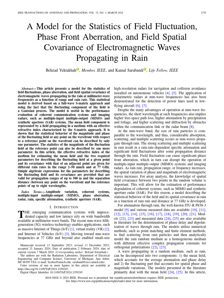 A Model For The Statistics of Field Fluctuation Phase Front Aberration and Field Spatial ...