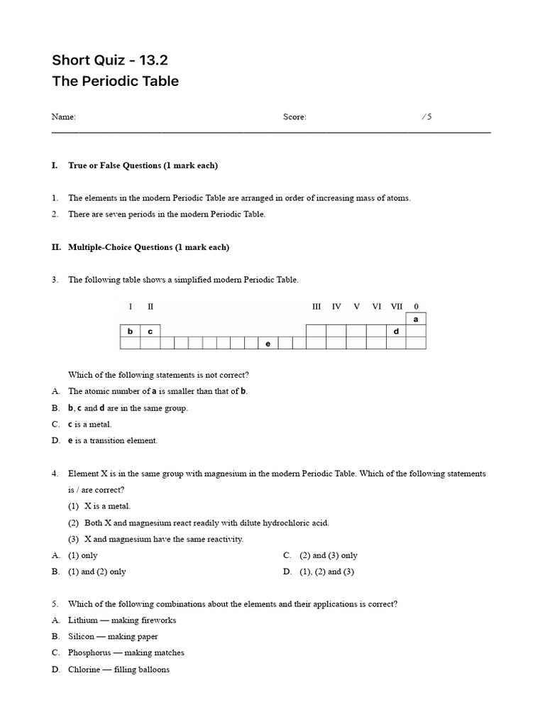 Periodic Table Quiz: True/False & MCQs | PDF