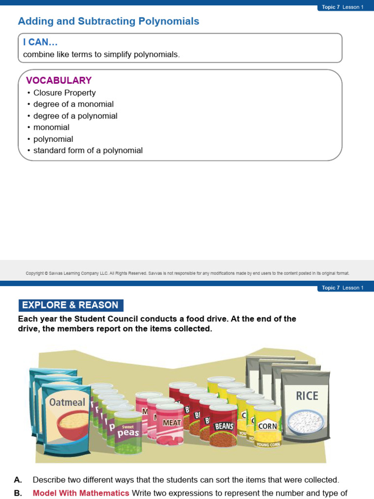 Lesson 7-1 Adding and Subtracting Polynomials | PDF | Subtraction ...