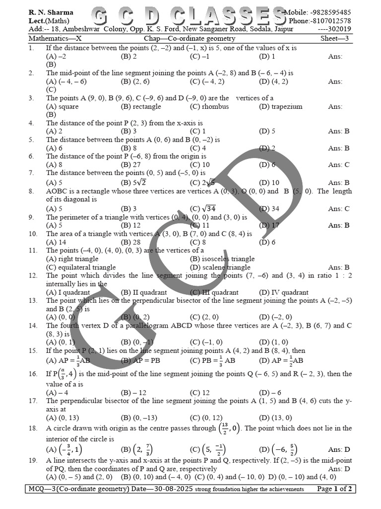 10 7 Coordinate Geometry MCQ 1 | PDF | Triangle | Rectangle