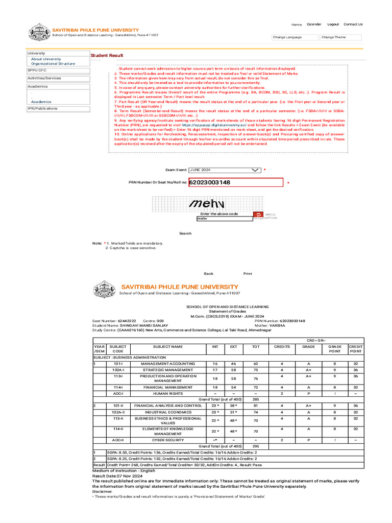 SPPU M.Com. June 2024 Provisional Results | PDF