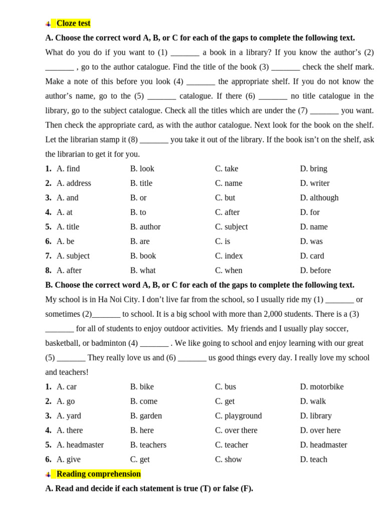 Cloze Test for Library and School Activities | PDF | Classroom