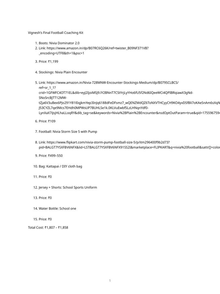 Vignesh Football Kit List Updated | PDF