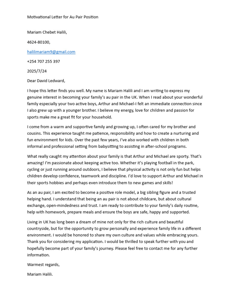 Au Pair Motivation Letter by Mariam Halili | PDF