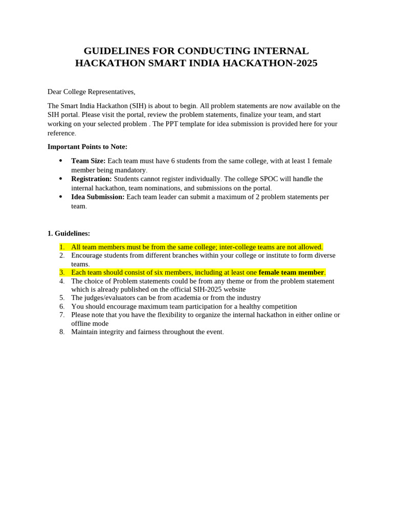 SIH 2025 Internal Hackathon Guidelines | PDF