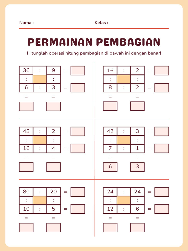 Pembagian Matematika Lembar Kerja Numerasi Operasi Hitung Dasar Coklat Sederhana | PDF