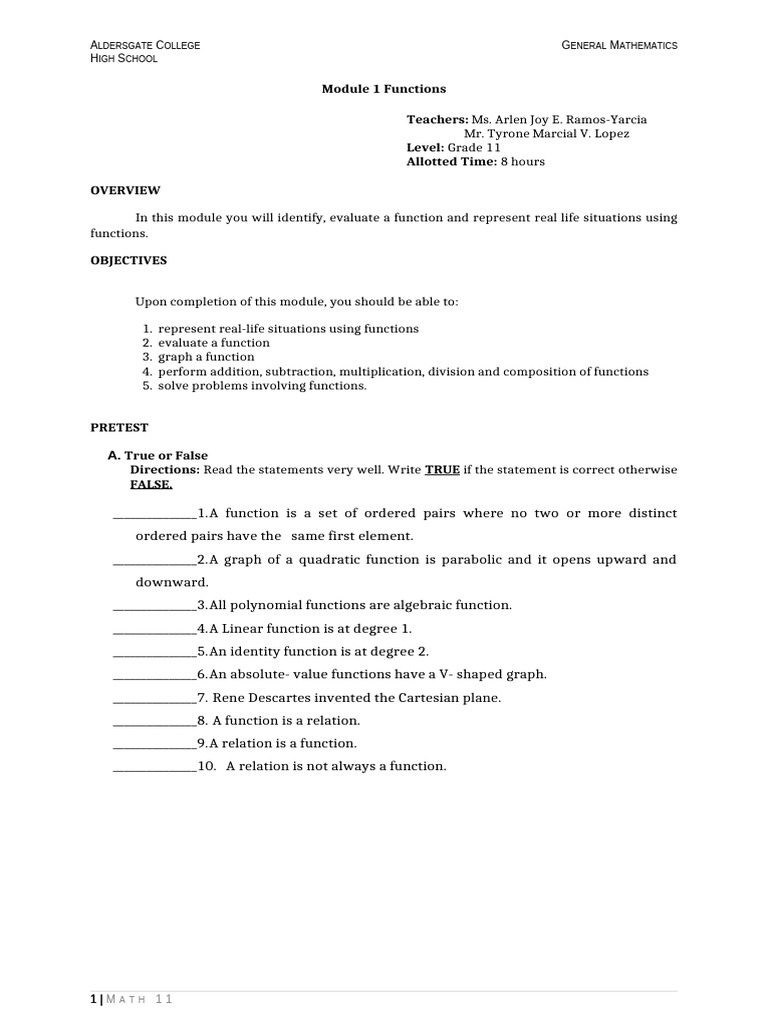 Module 1 FUNCTIONS - General Mathematics | PDF | Function (Mathematics ...