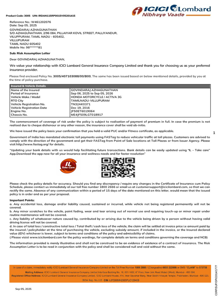 ICICI Lombard Two-Wheeler Insurance Policy | PDF | Insurance | Pro Rata