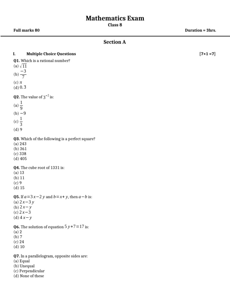 Class 8 Mathematics Exam Questions | PDF | Area | Elementary Mathematics