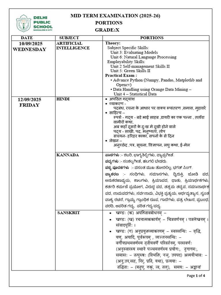 5584 Grade X Mid Term Exam Portion 2025-26 | PDF