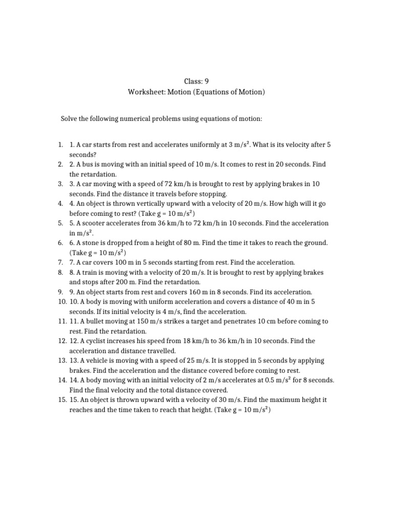 Class 9 Motion Numerical Problems | PDF