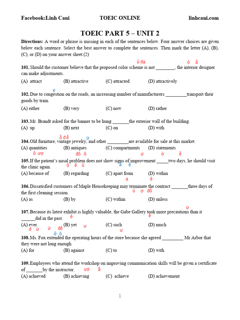 TOEIC Part 5 Practice Questions | PDF