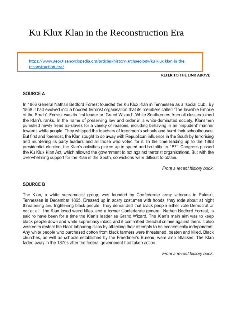 Ku Klux Klan in The Reconstruction Era 1 | PDF