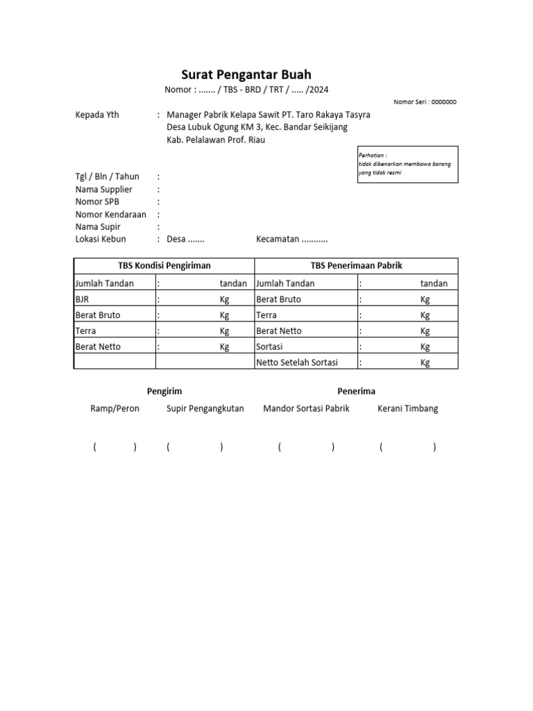Surat Pengantar Tandan Buah Sawit | PDF