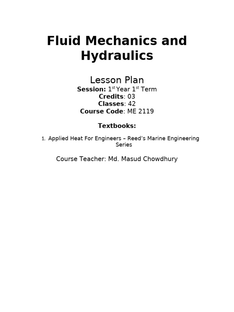 Lesson Plan - ME 1103 Fluid Mechanics and Hydraulics | PDF | Pressure ...