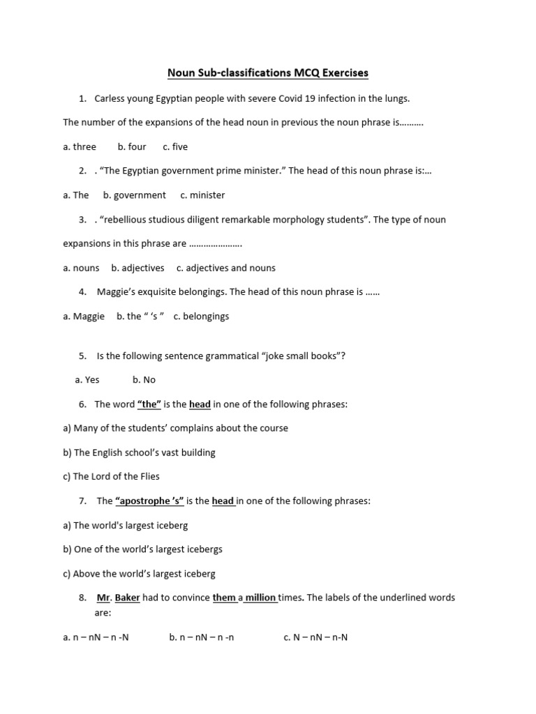 6 - MCQ Exercises Noun-Subclassifications | PDF | Noun | Phrase