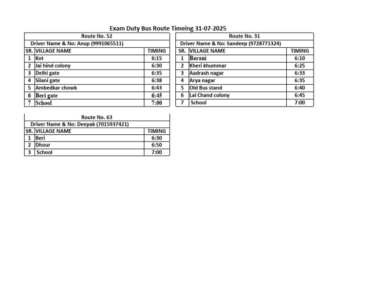 Exam Duty Bus Schedule for Villages | PDF
