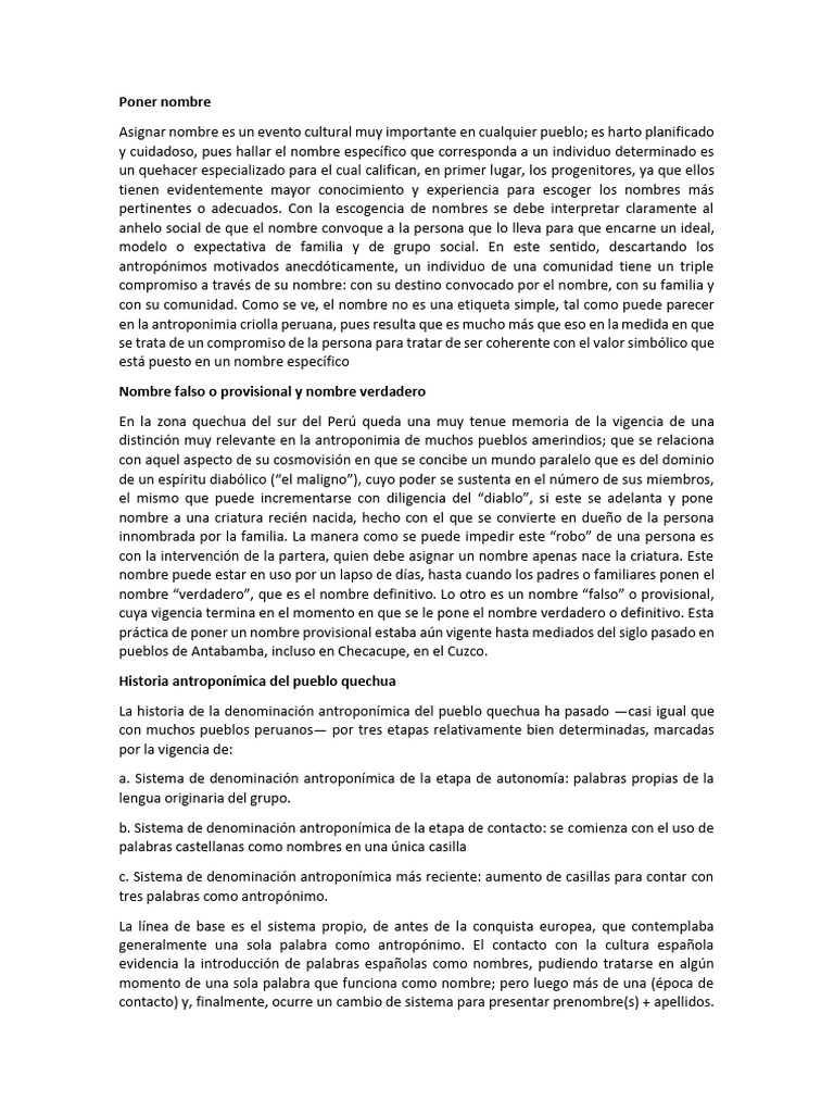 Antroponimia en la cultura quechua | PDF | Palabra | Lengua española