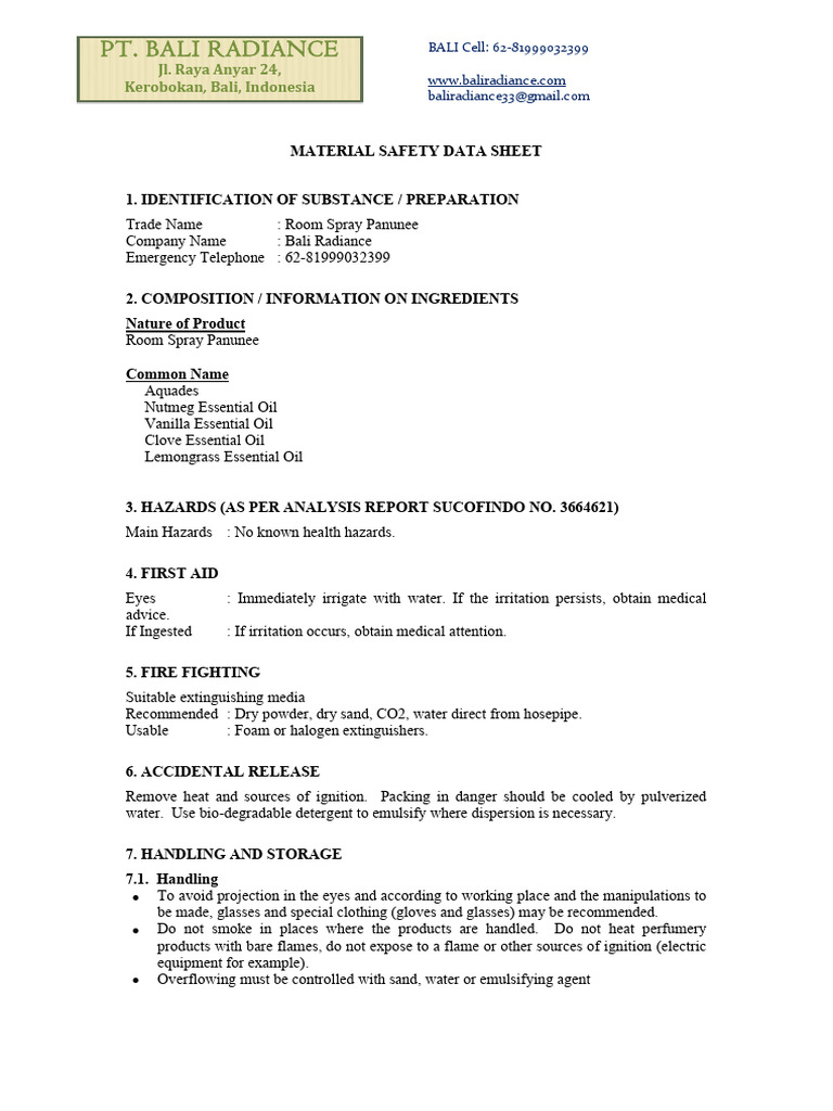 MSDS - Room Spray Panunee | PDF | Dangerous Goods | Materials