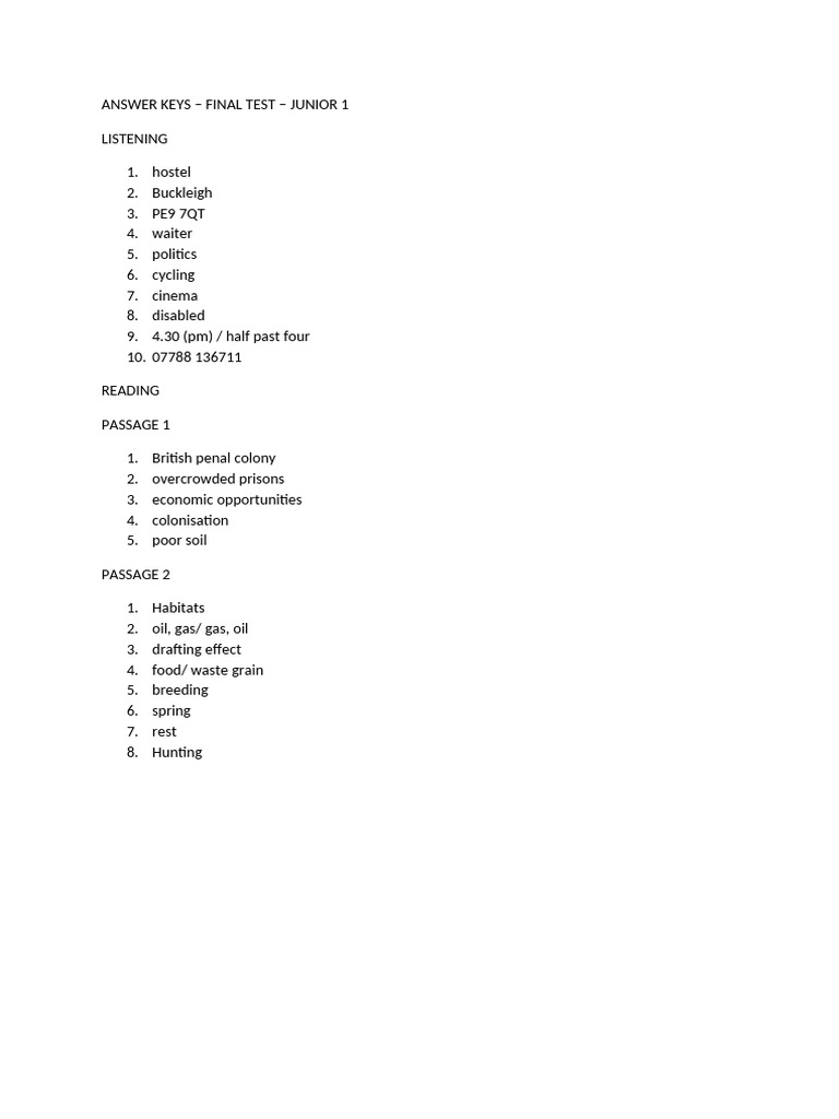 Junior 1 Final Test Answer Keys | PDF