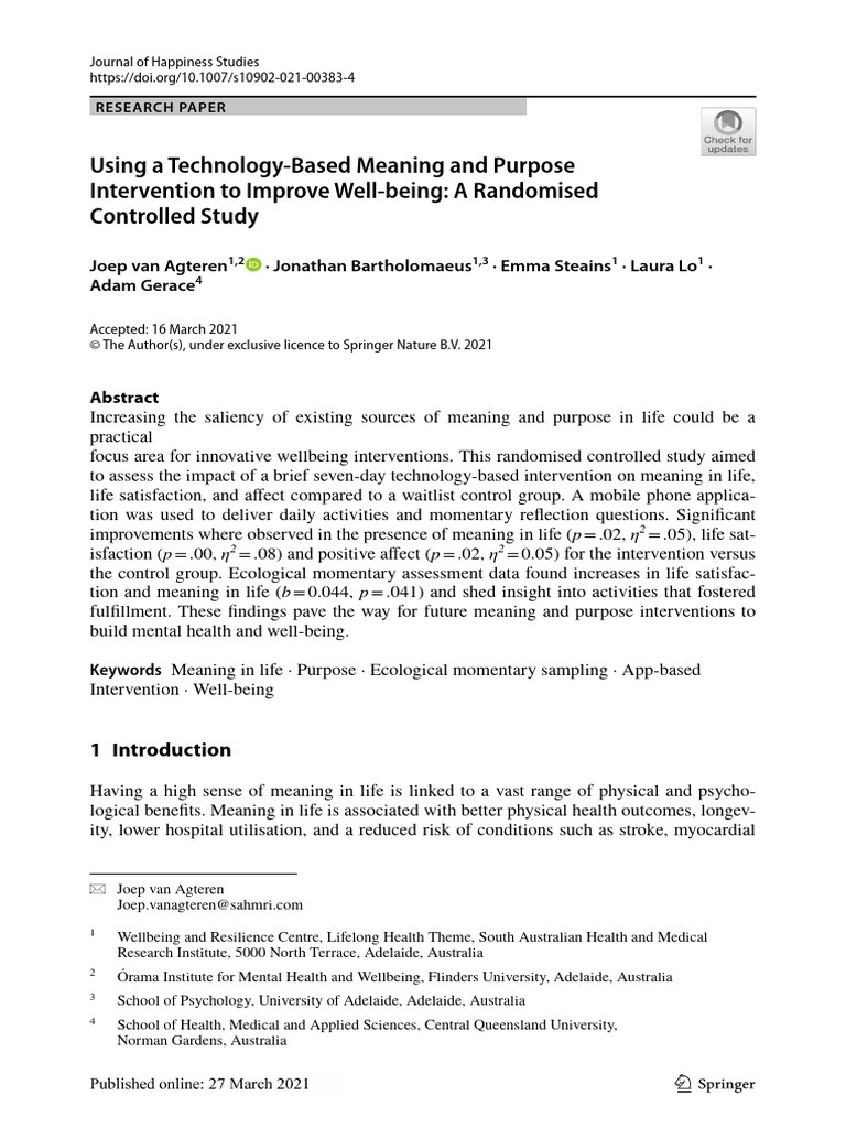Using A Technology-Based Meaning and Purpose Intervention To Improve ...