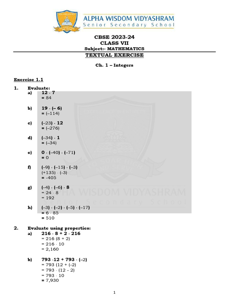 Ch. 1 - Integers - Mathematics - Class VII - CBSE - (2023-24) | PDF | Mathematics