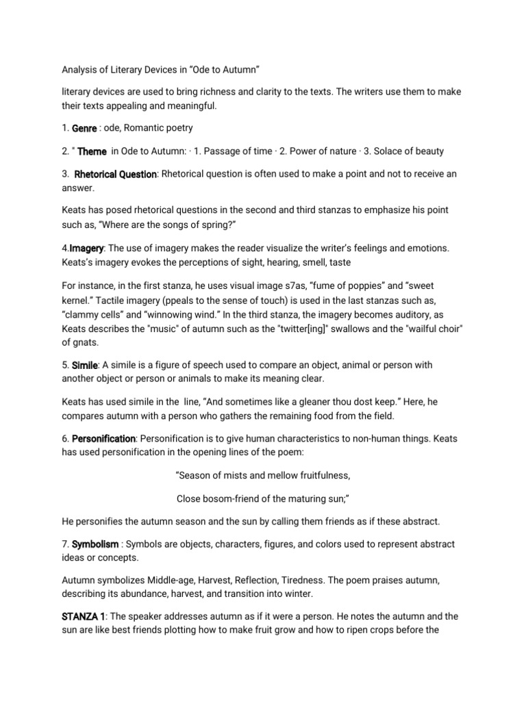 Literary Devices in "Ode to Autumn" | PDF | British Poems | British Poetry