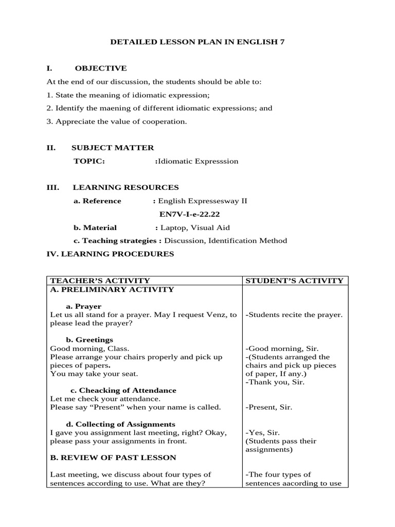 English 7 Lesson Plan: Idiomatic Expressions | PDF | Idiom | Human ...
