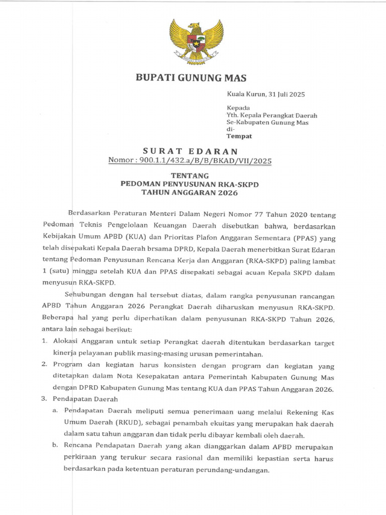 Surat Edaran Bupati Tentang Pedoman Penyusunan Rka-Skpd Ta 2026 | PDF