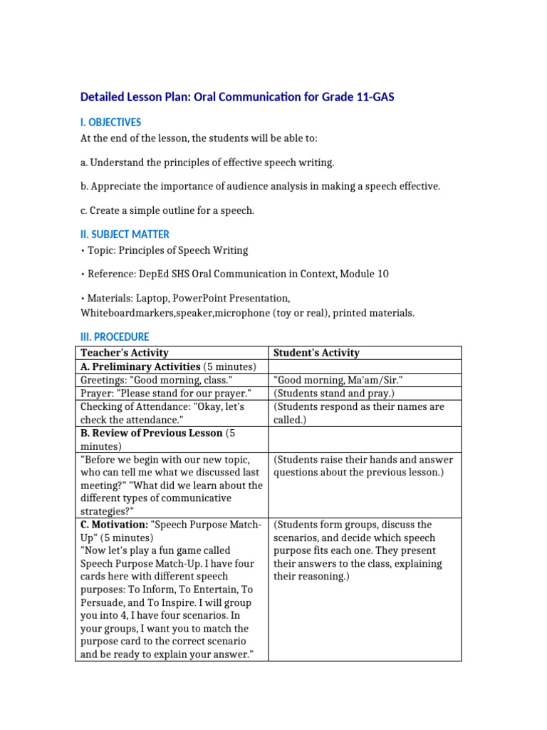 Grade 11 Oral Communication Lesson Plan | PDF | Lesson Plan | Cognitive ...