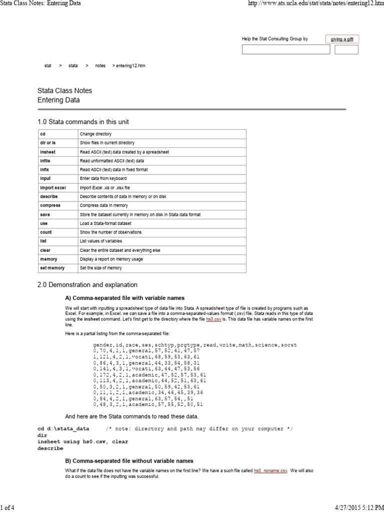 Stata Data Entry Commands Guide | PDF | Microsoft Excel | Comma ...