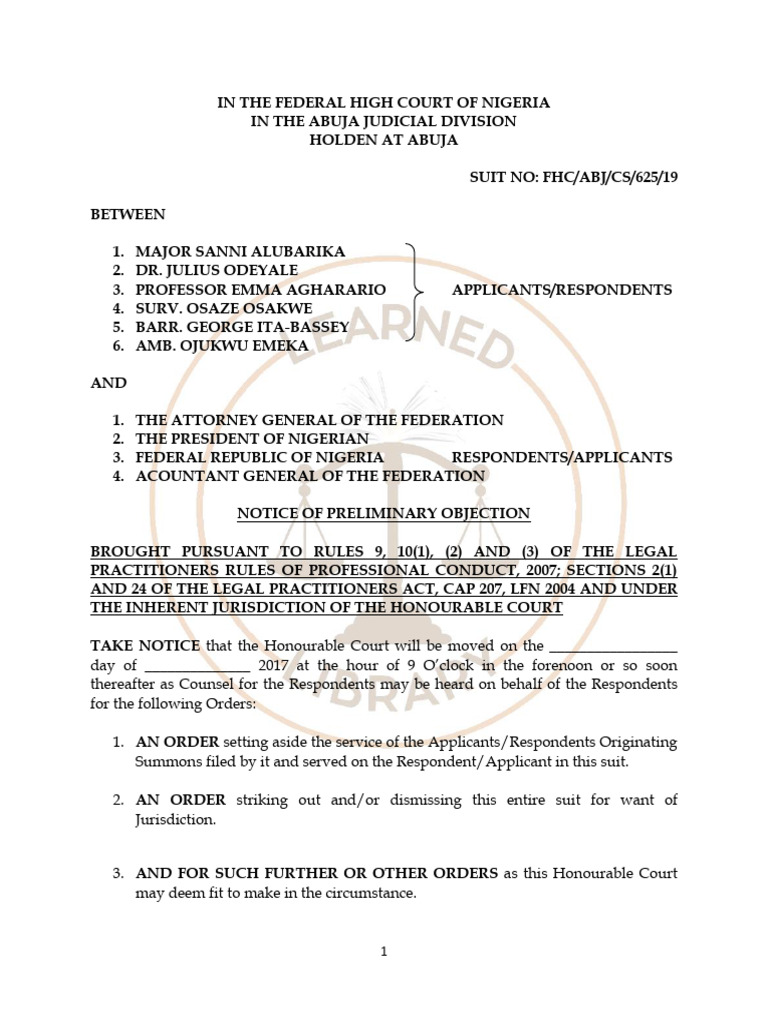 Federal High Court Preliminary Objection | PDF | Lawsuit | Lawyer