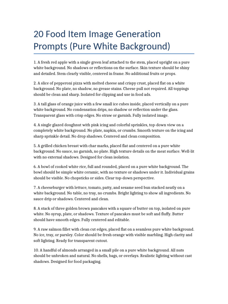 Food Item Image Prompts Pure White Background | PDF | Cooking | Cuisine