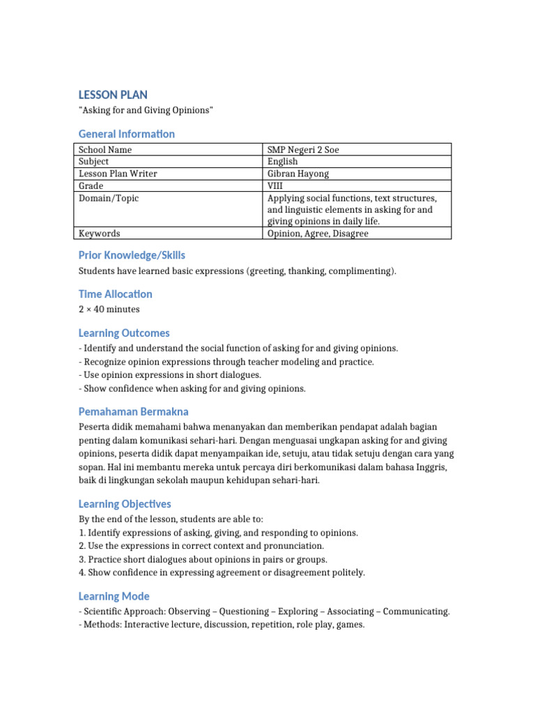 New Revised Lesson Plan Asking Giving Opinions | PDF | Homework | Learning