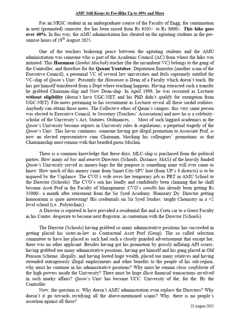 AMU Fee-Hike-NO ROLL-Back | PDF | Educational Stages | Academia