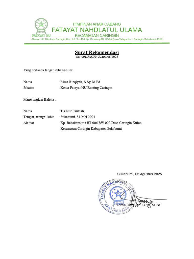 Surat Rekomendasi Fatayat 2025 | PDF