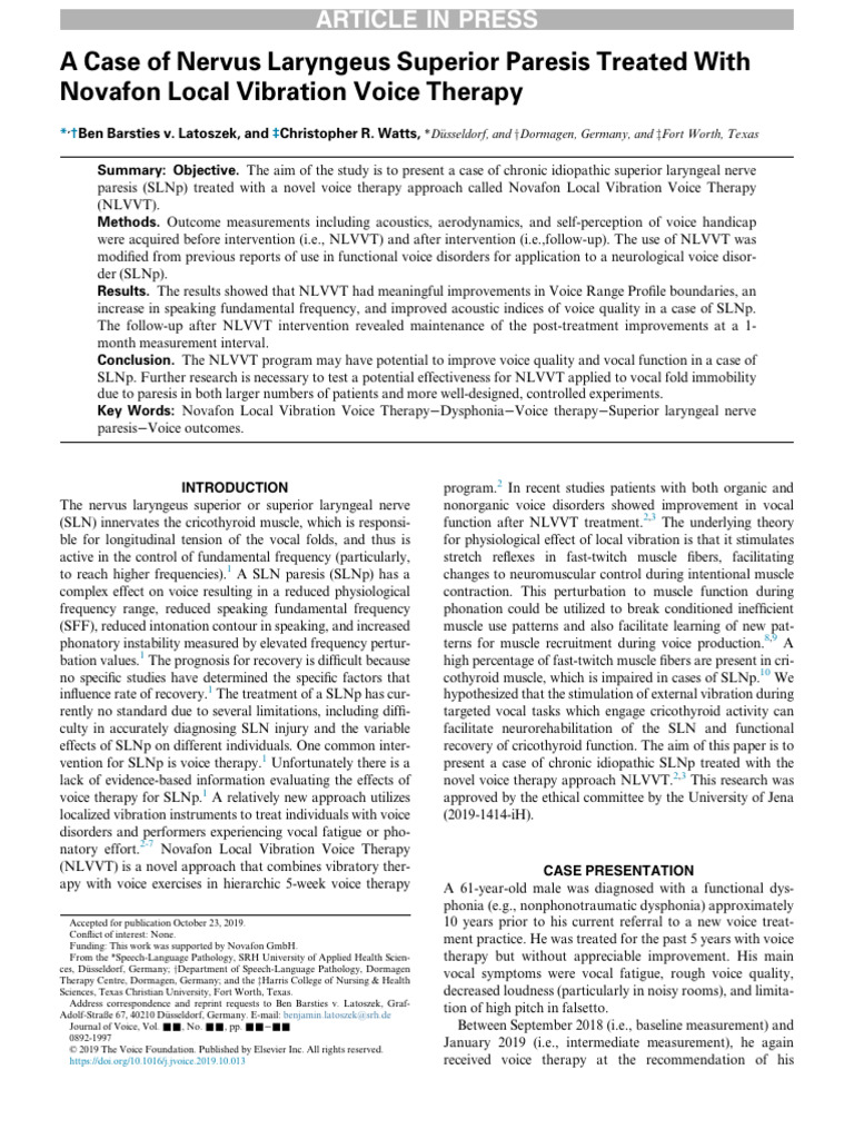 A Case of Nervus Laryngeus Superior Paresis Treated With Novafon Local ...