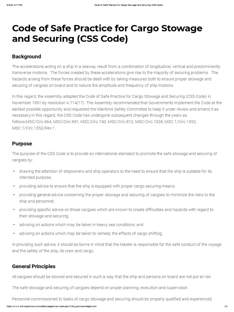 CSS Code for Cargo Stowage Safety | PDF | Ships | Cargo