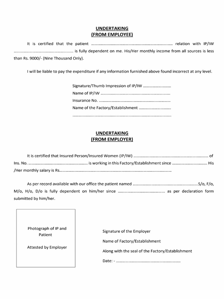 Undertaking Form - ESIC | PDF