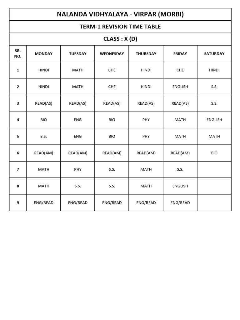 Class X Term-1 Revision Timetable | PDF