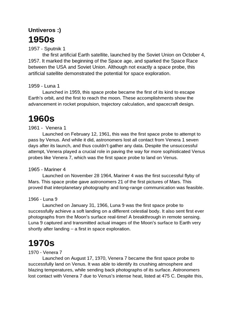 NASA Space Probes Timeline | PDF | Lander (Spacecraft) | Planetary Surface
