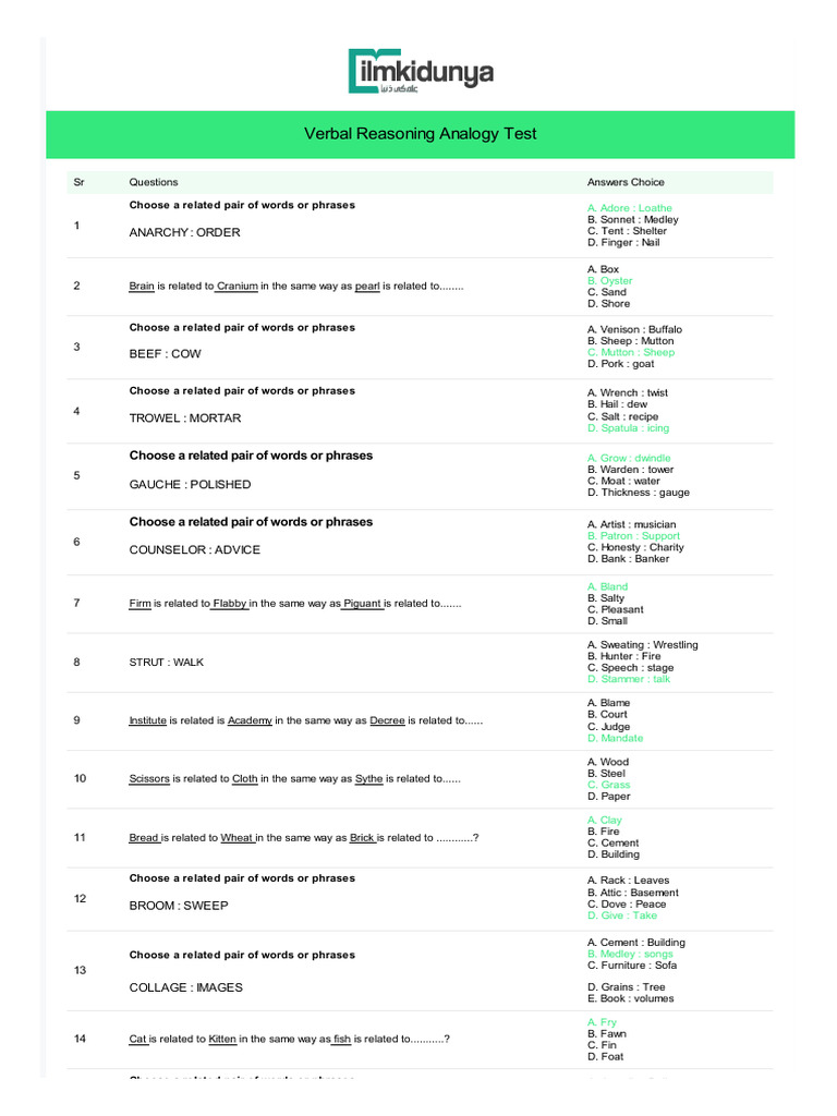 Verbal Reasoning Analogy Test | PDF