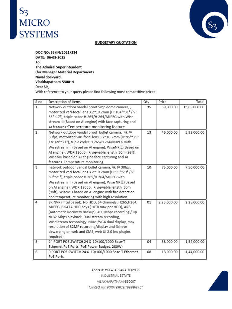 S3 Budgetary Quotation for Security Systems | PDF | Hard Disk Drive ...