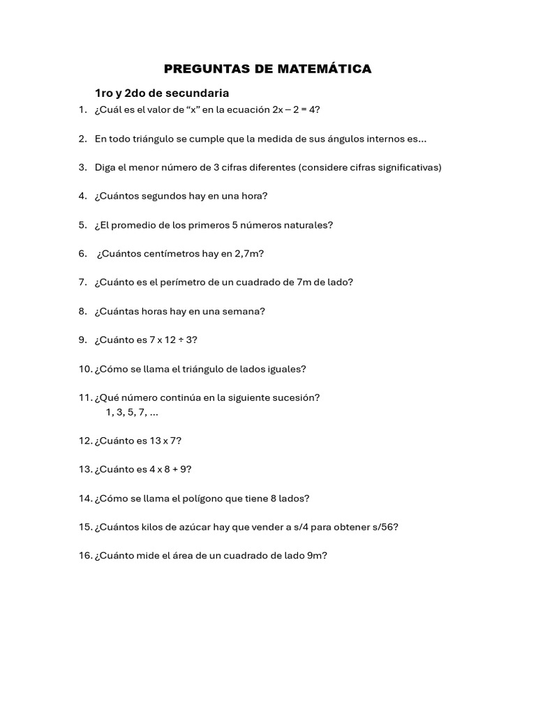 Preguntas de Matemática (Alumno) | PDF